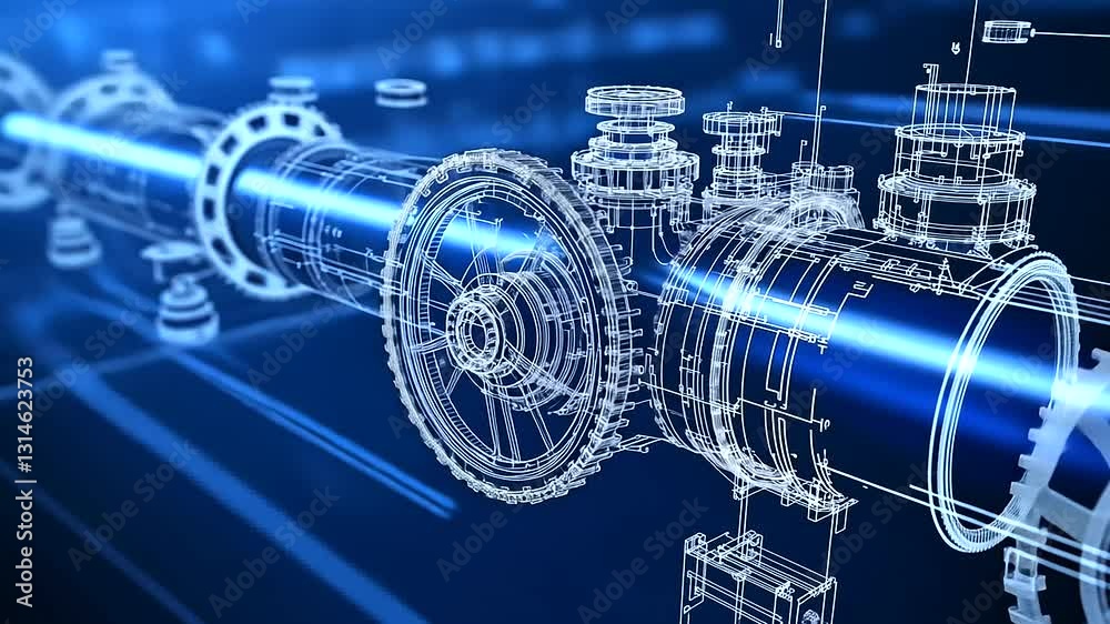 A precise engineering blueprint of a butterfly valve in a complex ...