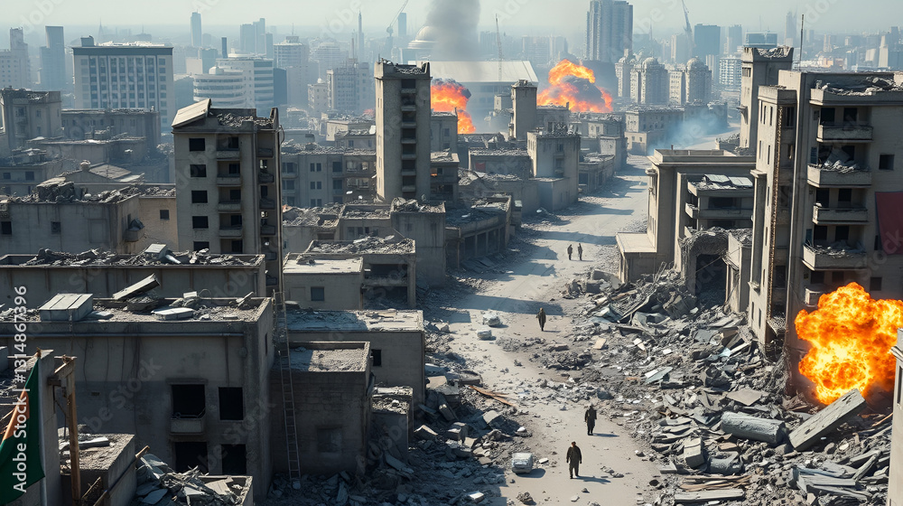 Plakat Devastation of war a city reduced to ruins amidst the aftermath ...