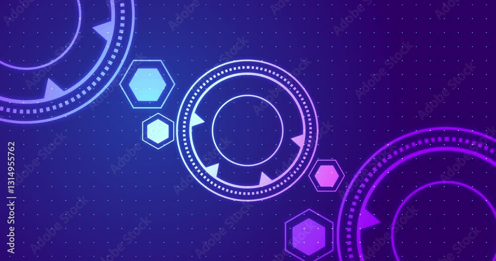 4K circular and hexagonal HUD technology element moving on grid dots bg ...