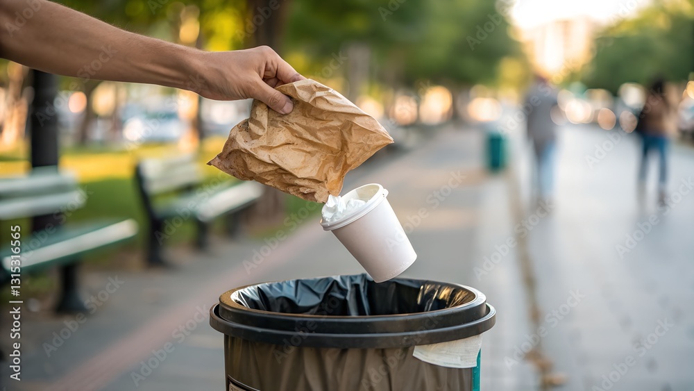 Poster A hand disposing of a disposable coffee cup into a public trash ...
