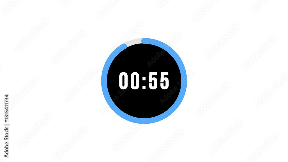 One minute countdown timer animation. Countdown from 60 to 0 digital clock with transparent ...