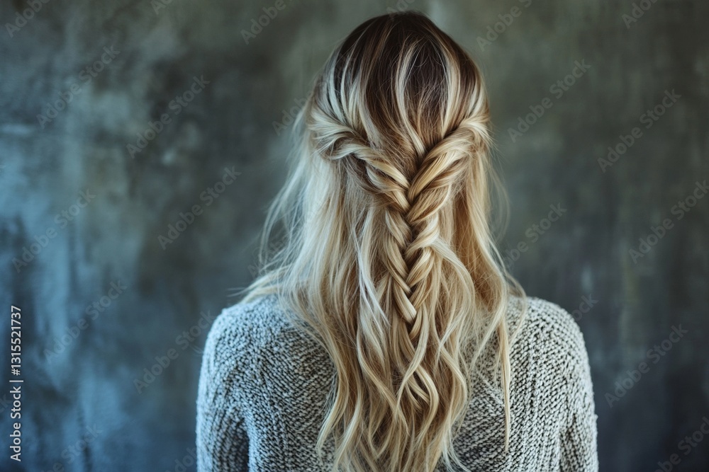 Poster Young caucasian female with blonde fishtail braid and gray ...