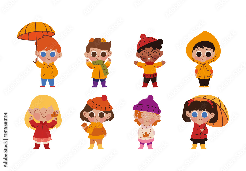 Colorful Autumn Kids Character Illustration Set Stock Template | Adobe ...