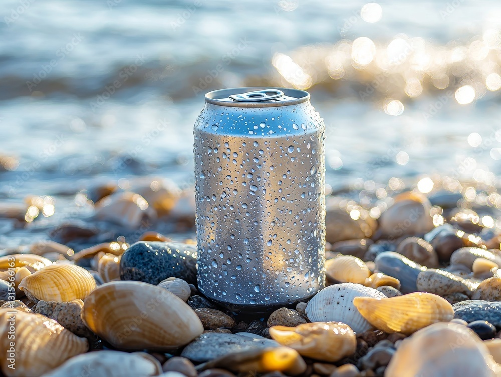 Poster Close-up of an unlabeled beer can with water droplets ...