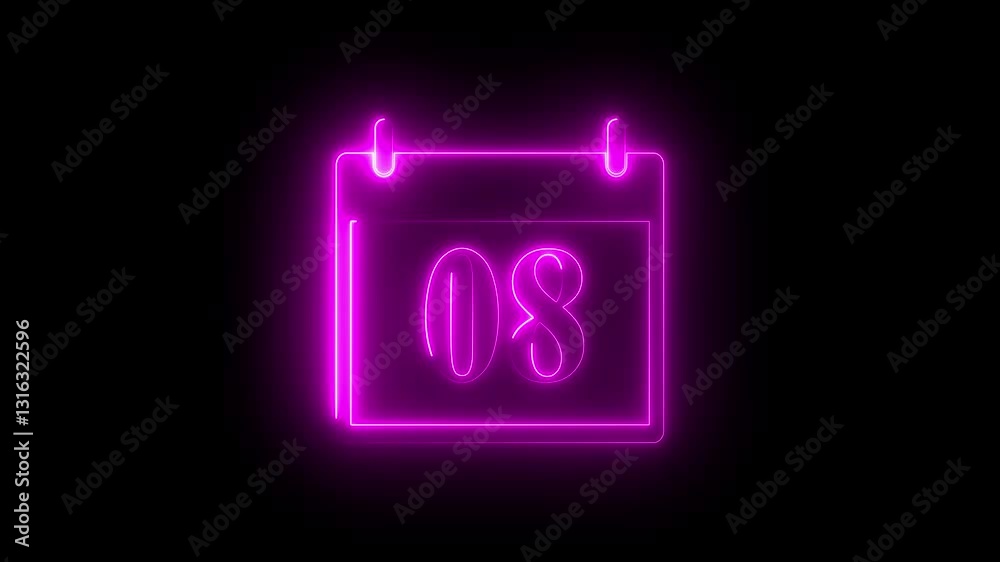 Neon calendar animation of the 8 day of the month on a black background ...
