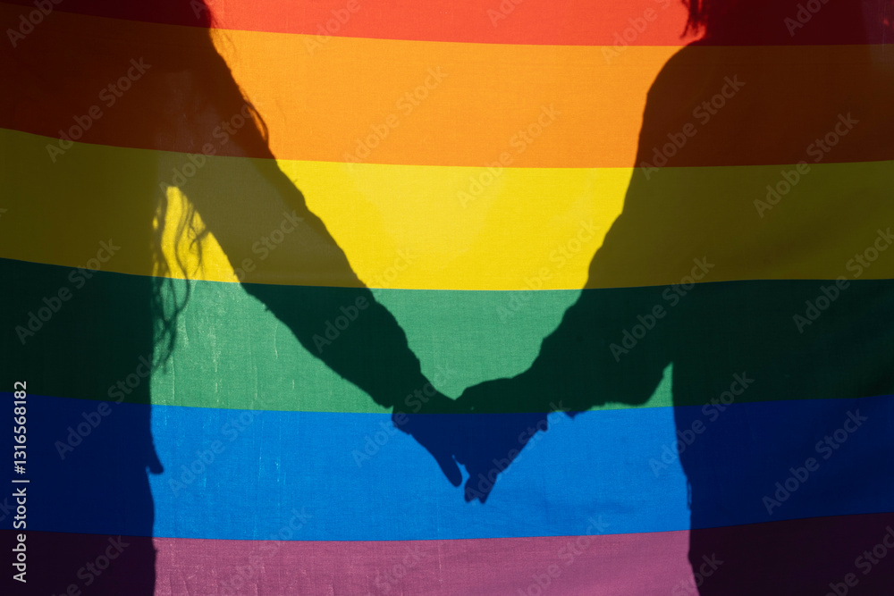 Poster Shadows of two people holding hands on rainbow flag representing ...