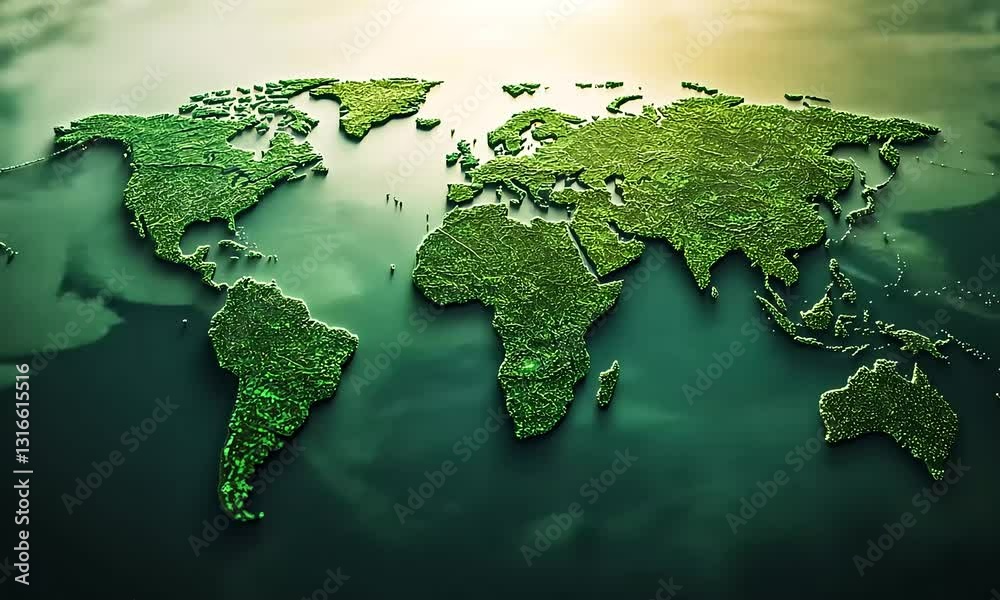 Global green map, a 3D relief world map highlighting lush vegetation ...