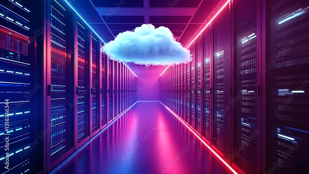 A serene cloud hovering above a modern server room, with thin digital lines connecting it to the ...