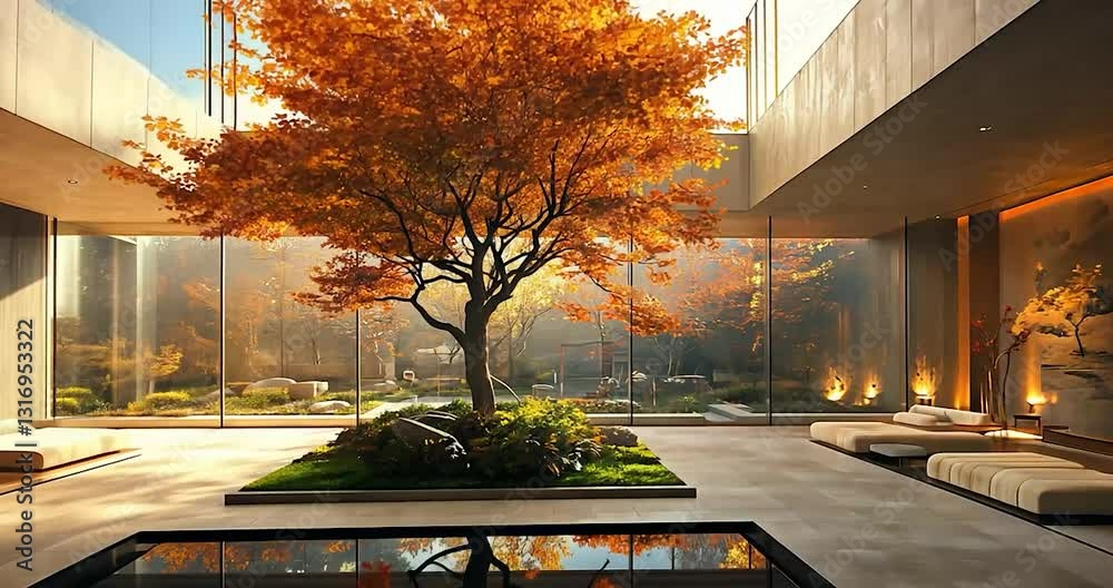 Modern home atrium with autumn tree, zen garden, and reflection pool ...