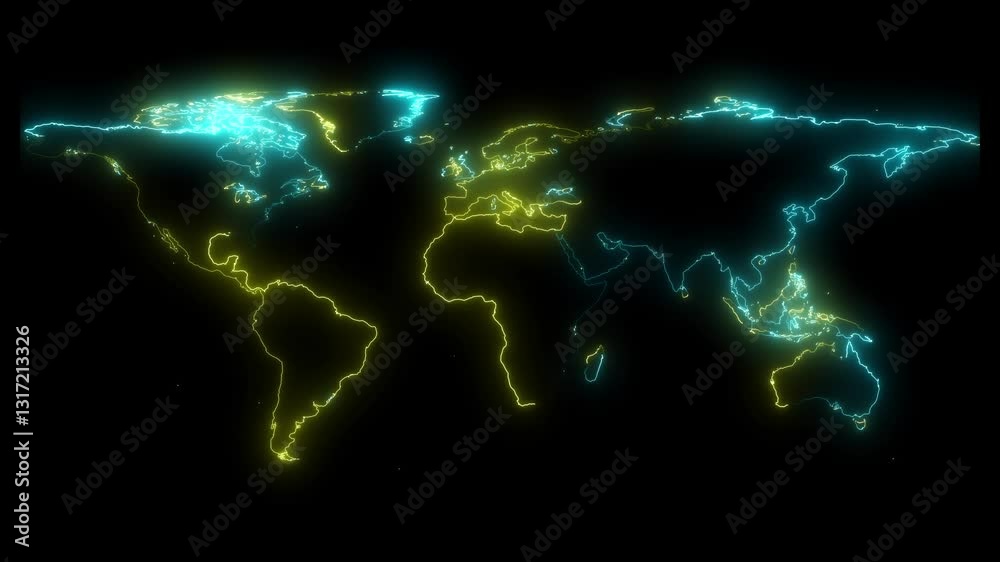 Digital Technology World Map Animation. Glowing Connections in Global ...