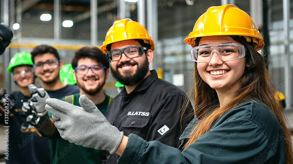 Engineering students in safety helmets and work uniforms pose ...