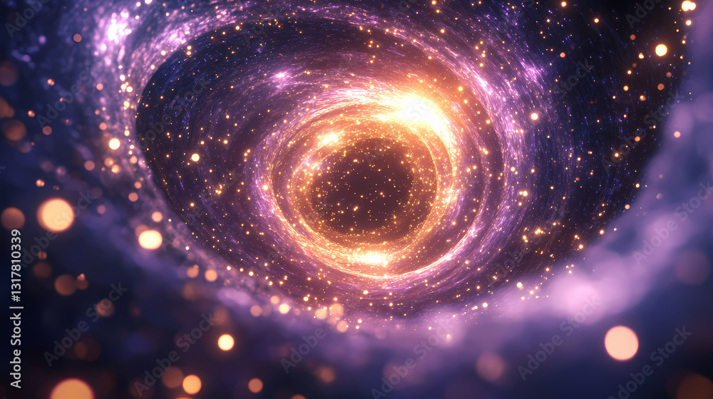 Poster A glowing cosmic spiral effect with golden and purple particles ...