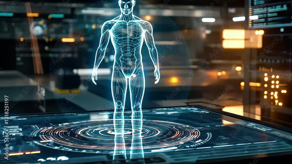 Human body holographic scan displayed on a turntable in a modern ...