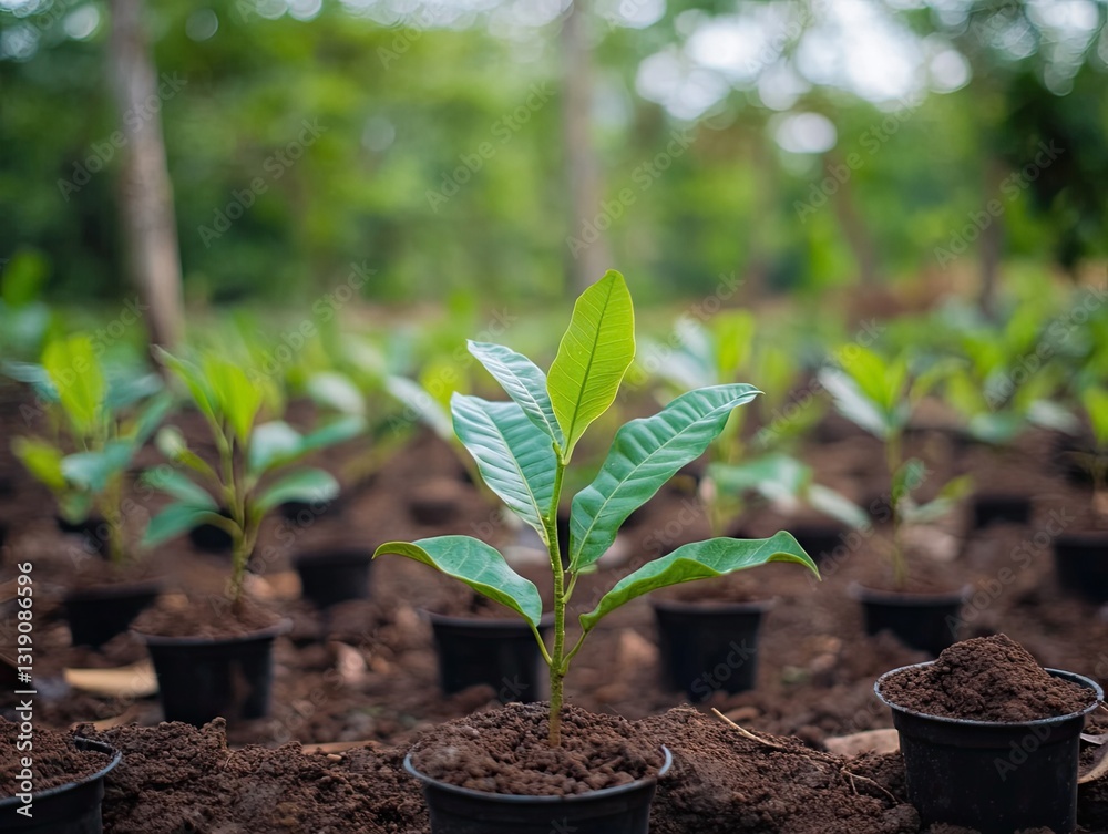 Poster Young saplings thrive in orderly rows, promising a lush future ...