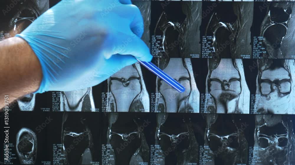 Doctor examines an MRI scan revealing a problem in a patient's knee ...