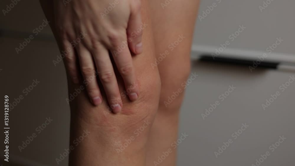 Allergic rash on leg itches. Woman strongly scratches her skin on knee ...