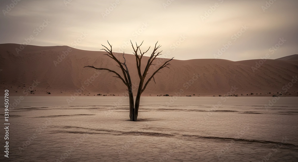 Poster Solitary Dead Tree in Desert Landscape with Sand Dunes and ...