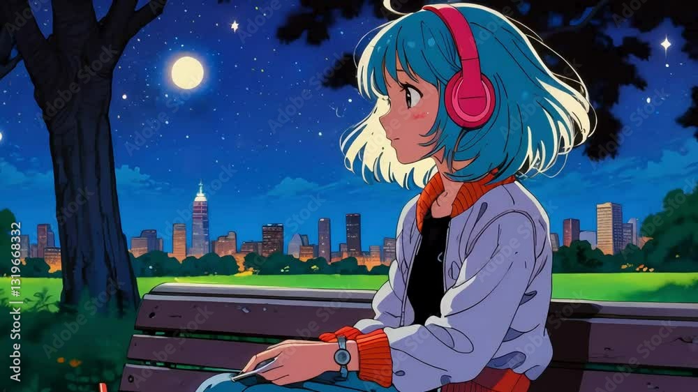 Lofi animation. Seamless loop. Girl listening music watching sky, anime ...