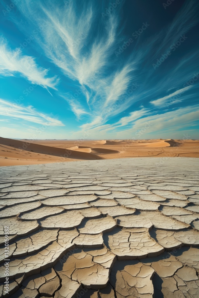 Poster Large desert with barren, cracked, and unproductive soil due to ...