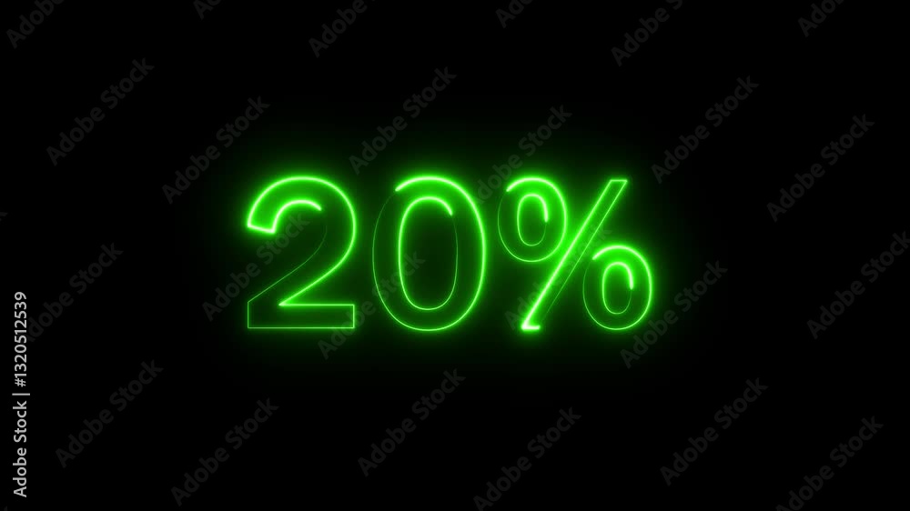 black background 20 percent neon glowing sign on loop animation green ...