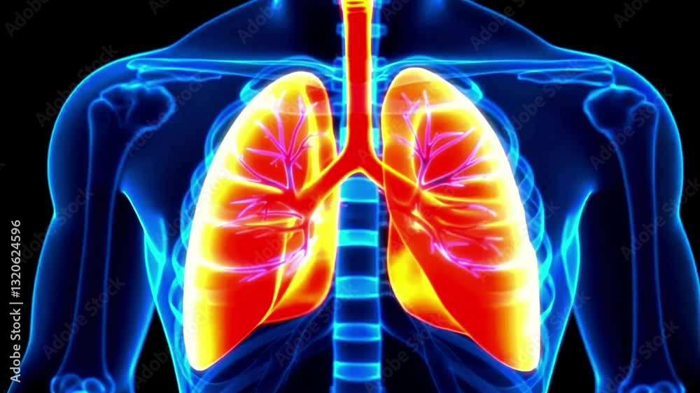 4K medical animation of human lungs breathing, showing trachea, bronchi ...