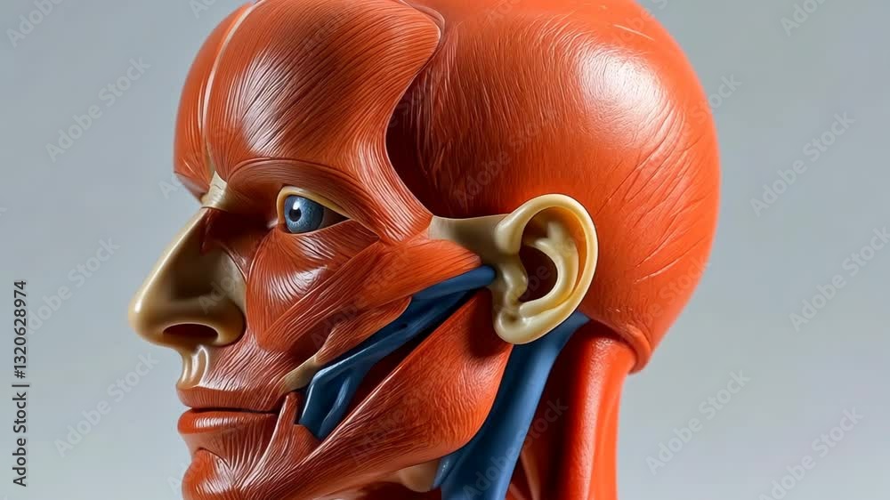 Model of a human face with blue eyes and red muscles. The muscles are ...