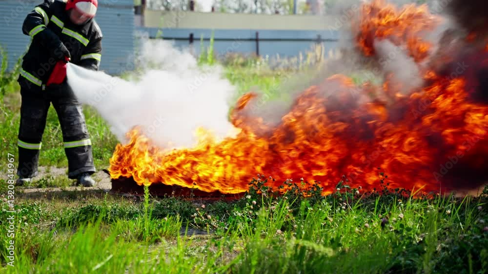 Firefighter battles roaring flame using fire extinguisher to combat ...