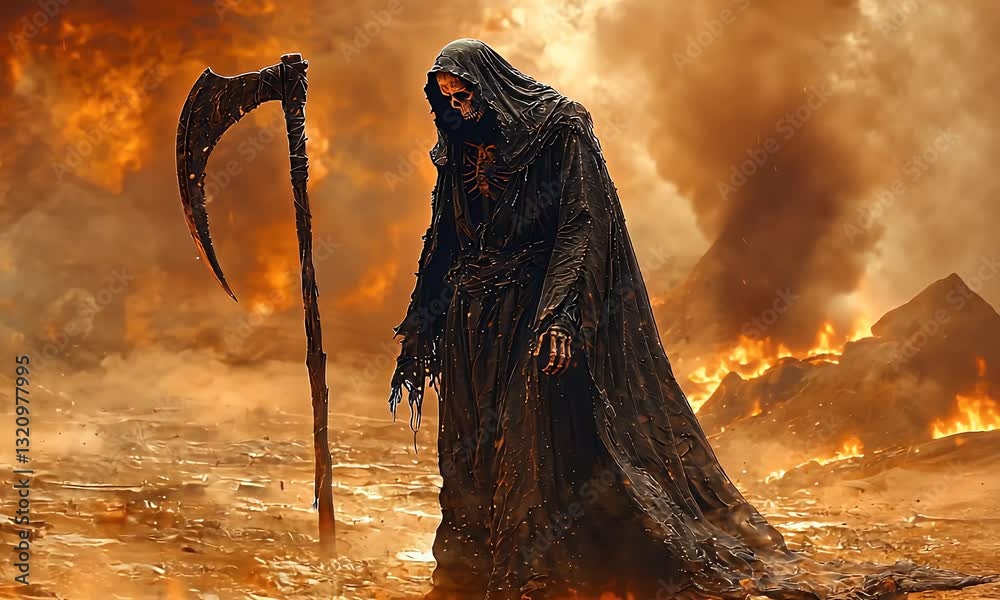 Grim Reaper in fiery wasteland, apocalyptic background, concept art for ...