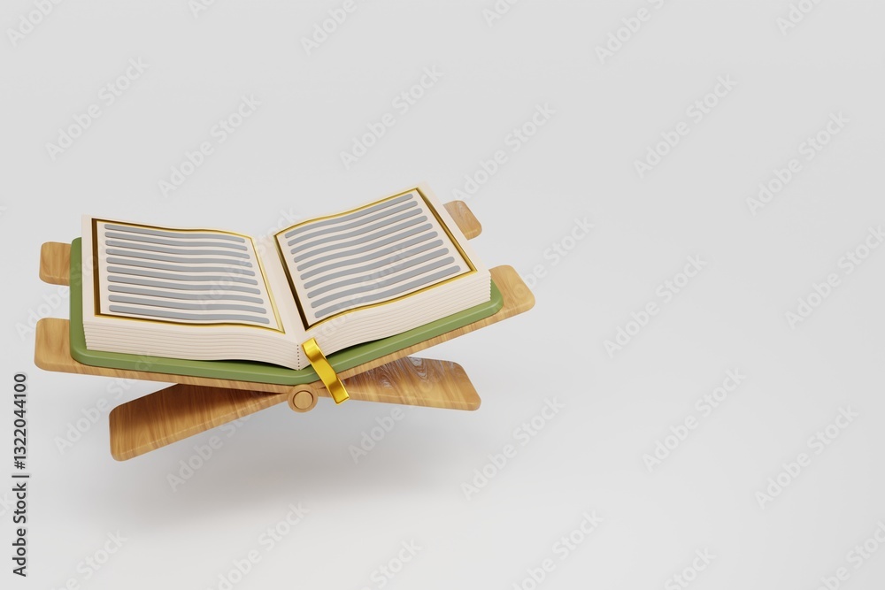 Poster 3D Rendered Open Quran on Rehal (Book Stand) on White Background ...