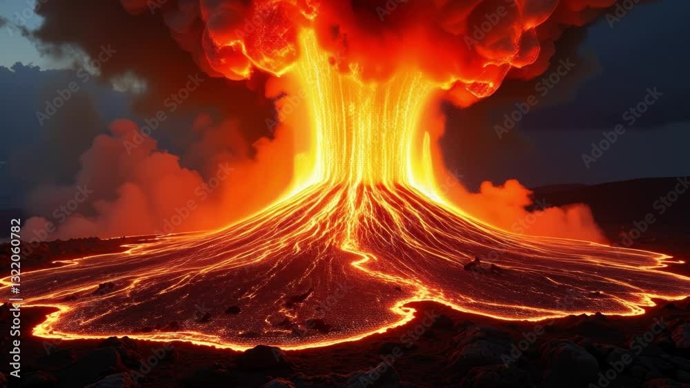 A volcanic eruption with its explosive eruption column cascading lava ...