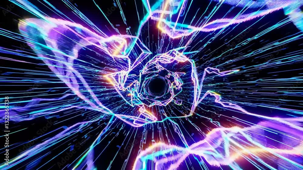 Vibrant neon lights generating immersive tunnel effect, pulsing with dynamic energy ...