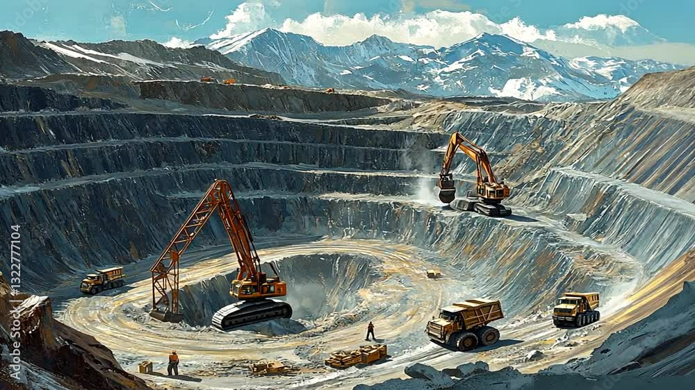 Massive open-pit mine site nestled against a dramatic backdrop of snowy ...