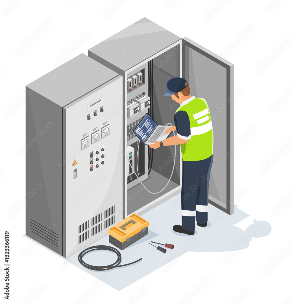 Poster Electrical technician fixing a PLC control cabinet in a smart ...