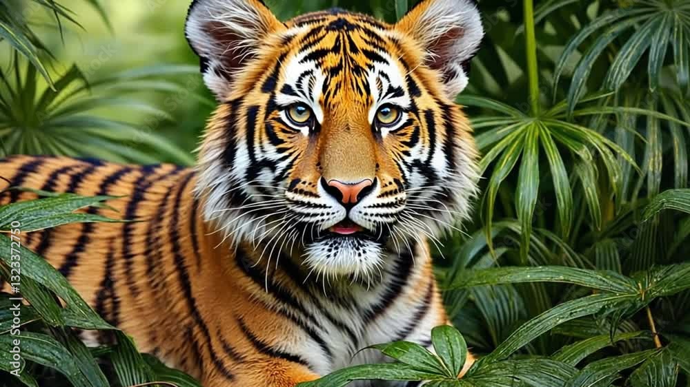 A young tiger in the jungle, a depiction of a tiger, and a Bengal tiger ...