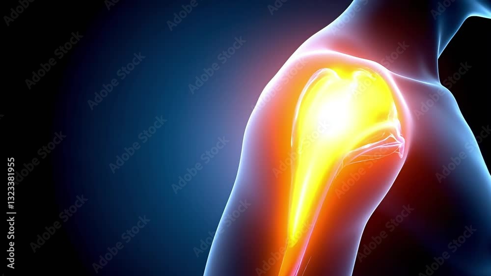 Medical human figure of right shoulder muscle pain with red highlights ...