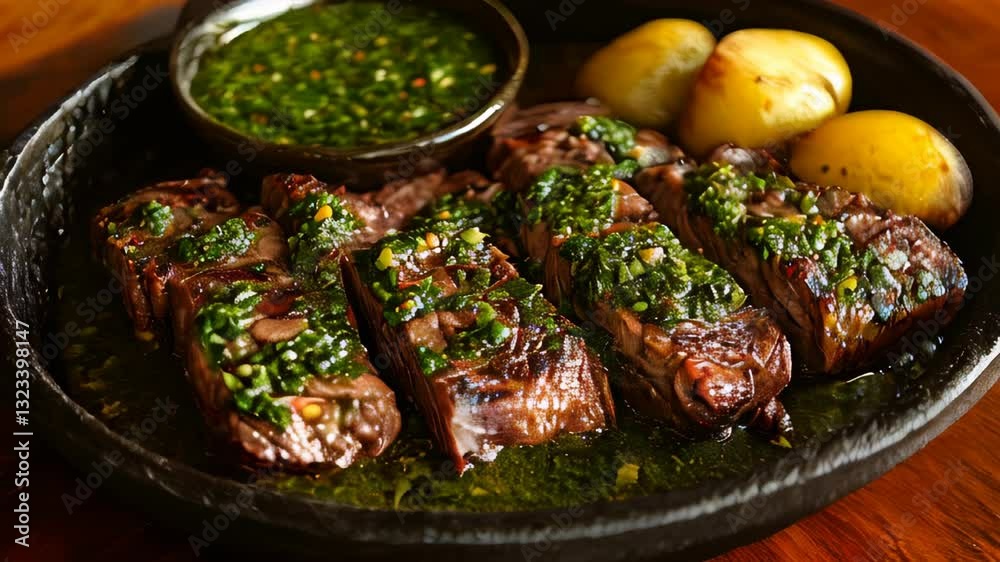 video of hot plate of asado served with chimichurri on the side in ...