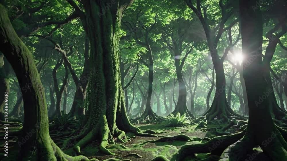 magical, fantastical green forest with thick trees and roots, an ...