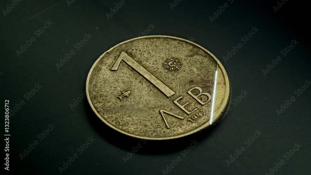 Close-up footage of a Bulgarian 1 Lev coin, where a laser is used to ...