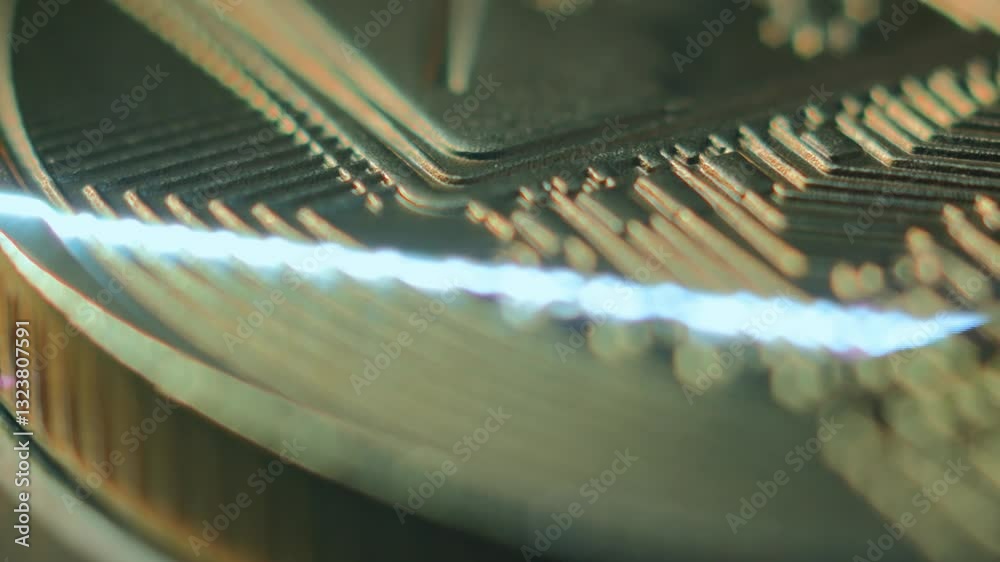 Video Stock Laser moves over the surface of a Bitcoin coin in a macro ...