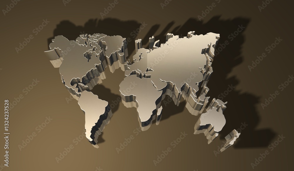 Poster World Map in 3D Top View with golden theme 2 – Wall Art | UkPosters