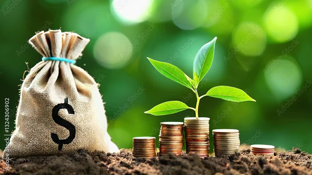 A money bag filled with coins and a small green plant growing from it, symbolizing financial ...