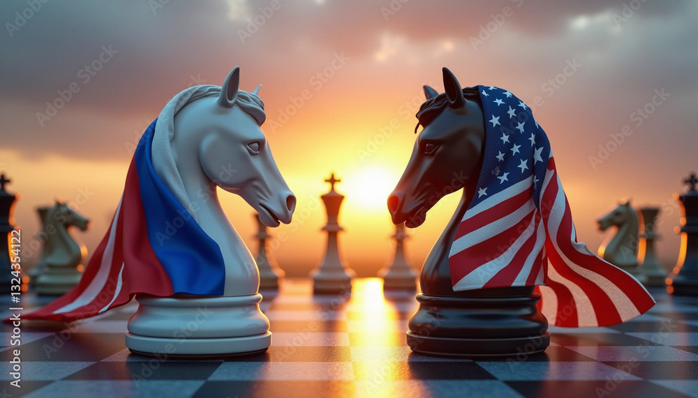 Russia vs. USA: A Geopolitical Chess Showdown at Sunset Stock Photo ...