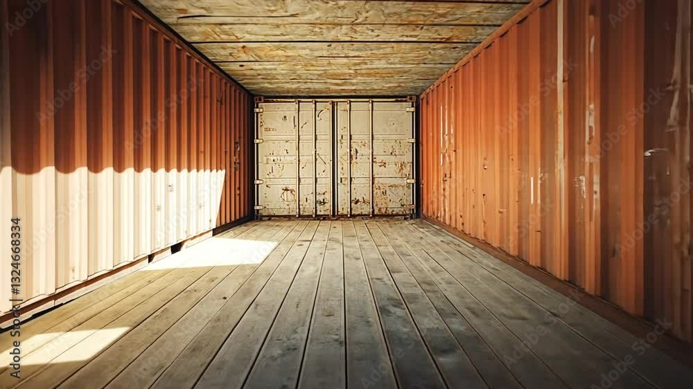Inside empty shipping container with wooden floor during bright ...