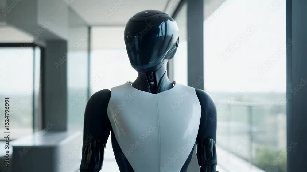 Humanoid home assistant robot walking inside a modern house. A ...