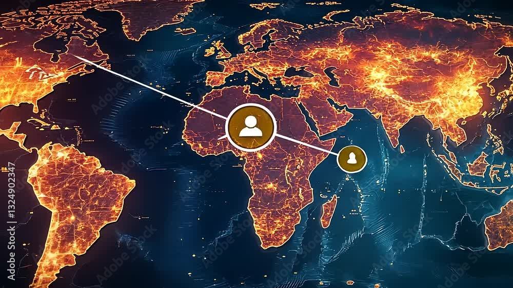 Global map illuminated with fiery patterns, showcasing heat ...