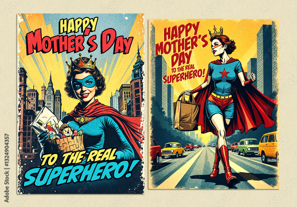 60s Comic Style Mother's Day Poster Layout Set Stock Template | Adobe Stock