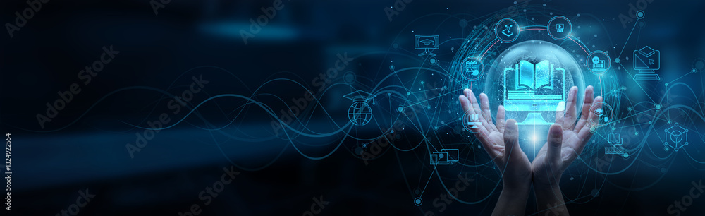 Hand holding of global digital network connection, online education ...