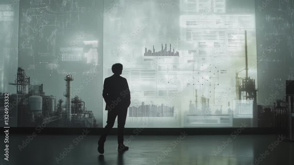 Engineer observes data, graphs, and diagrams projected onto a ...