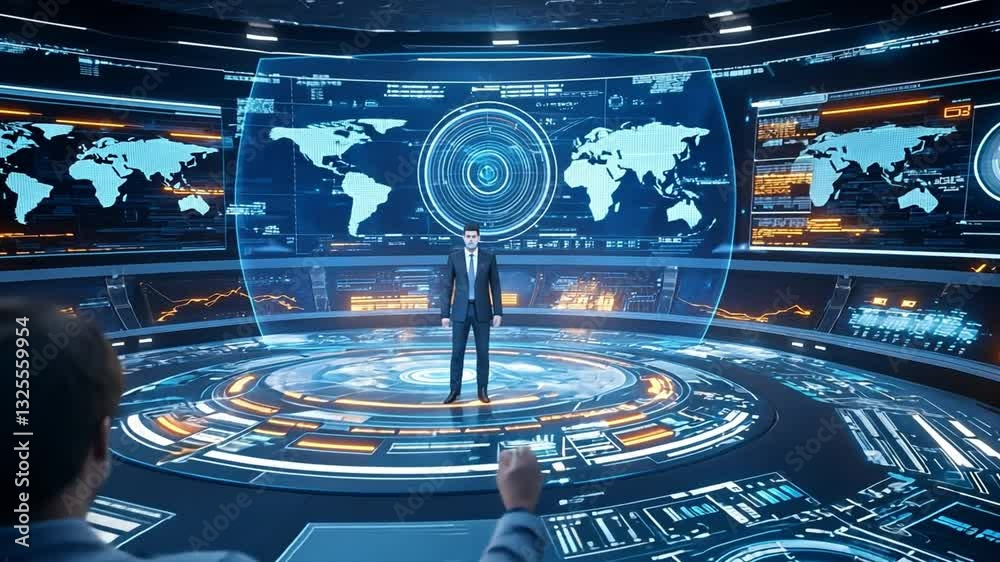Command Center: A man, surrounded by futuristic displays of data and ...