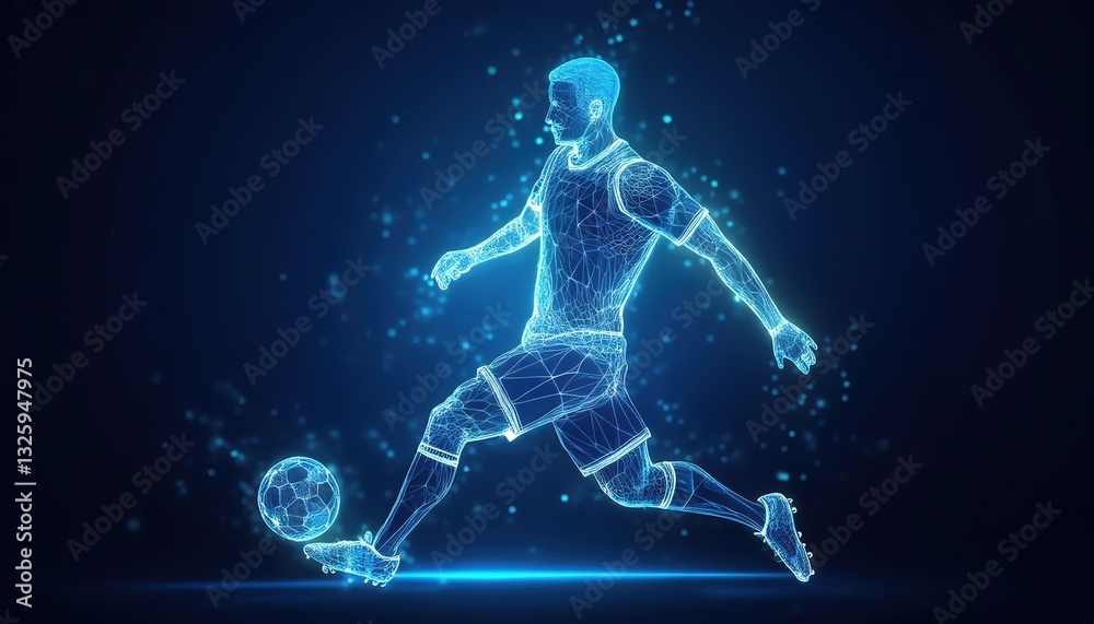 Poster Firefly football player kicking the ball in a blue wireframe ...